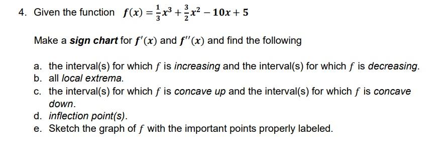 Solved 4. Given the function f(x)=31x3+23x2−10x+5 Make a | Chegg.com