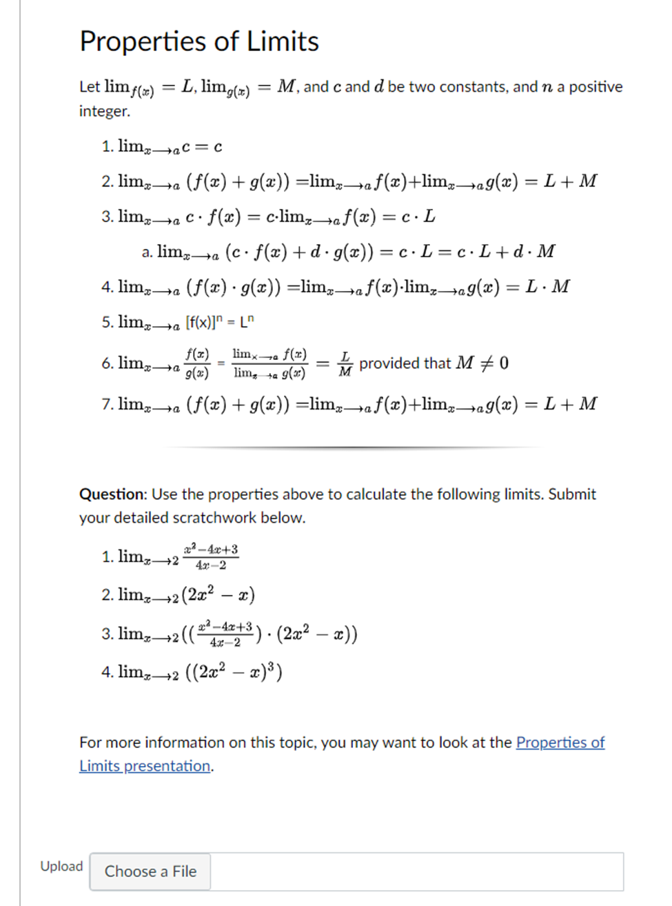 Solved Properties of Limits Let limf(x)=L,limg(x)=M, and c | Chegg.com