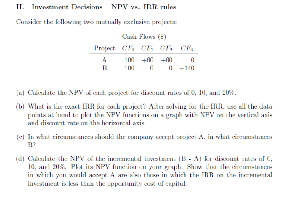 Solved II. Investment Decisions NPV vs. IRR rules Consider | Chegg.com