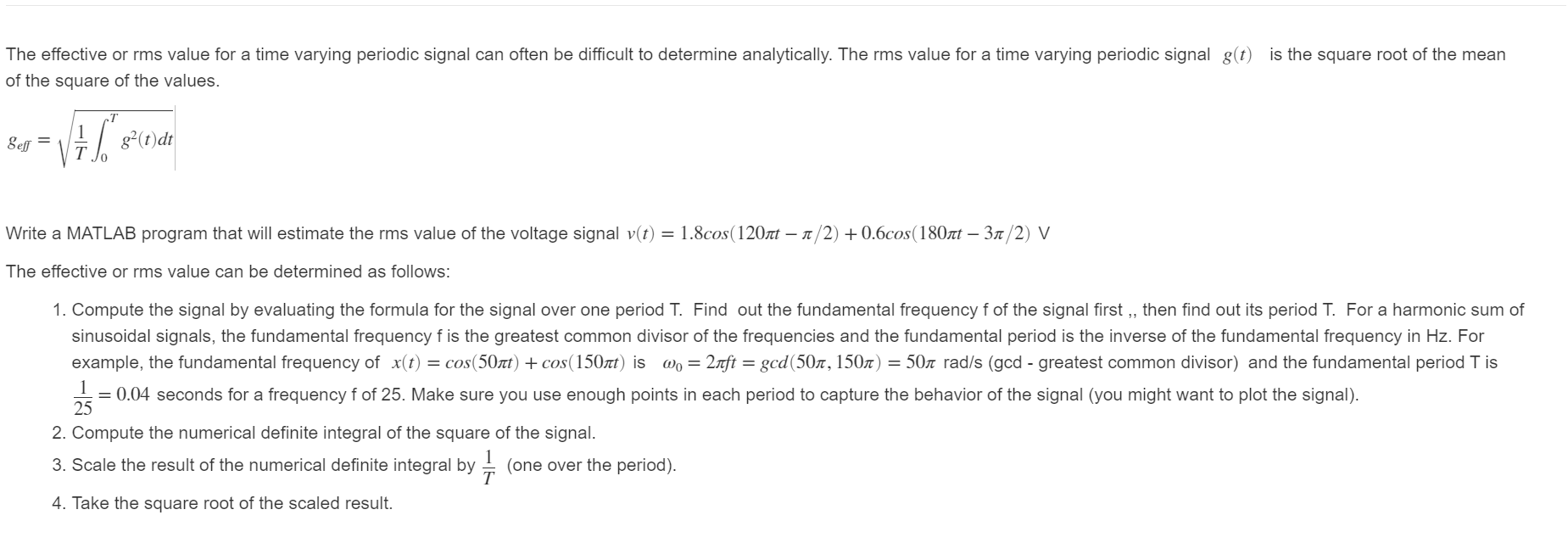 Solved The effective or rms value for a time varying | Chegg.com