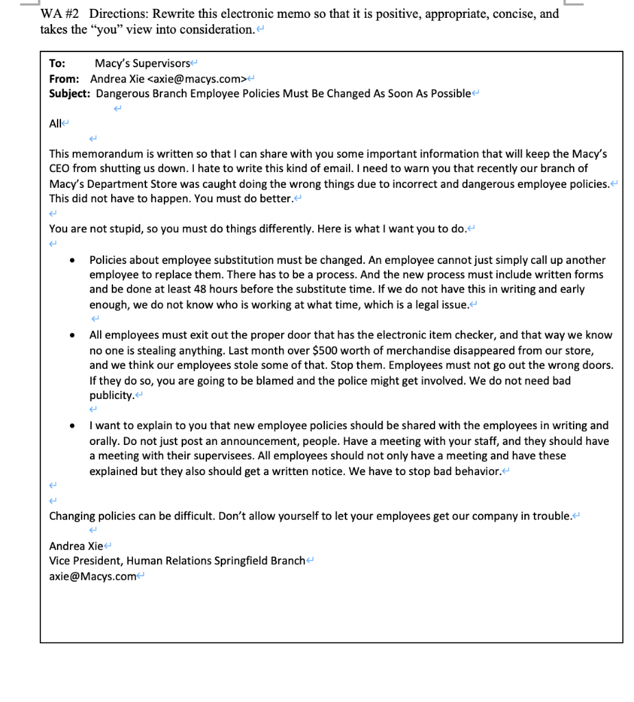 WA #2 Directions: Rewrite this electronic memo so | Chegg.com