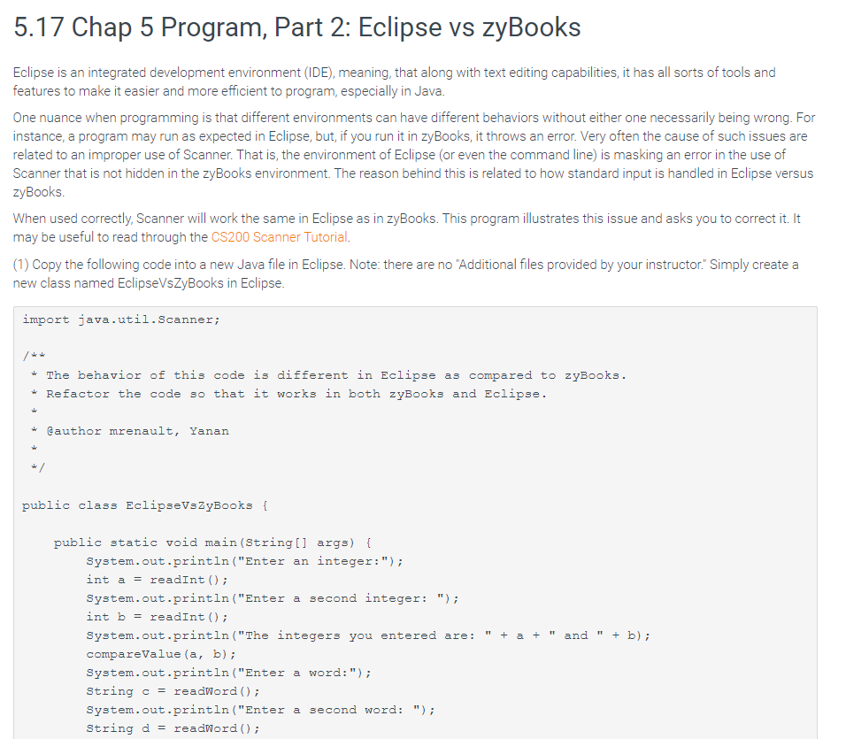 Solved 5.17 Chap 5 Program, Part 2: Eclipse vs zyBooks | Chegg.com