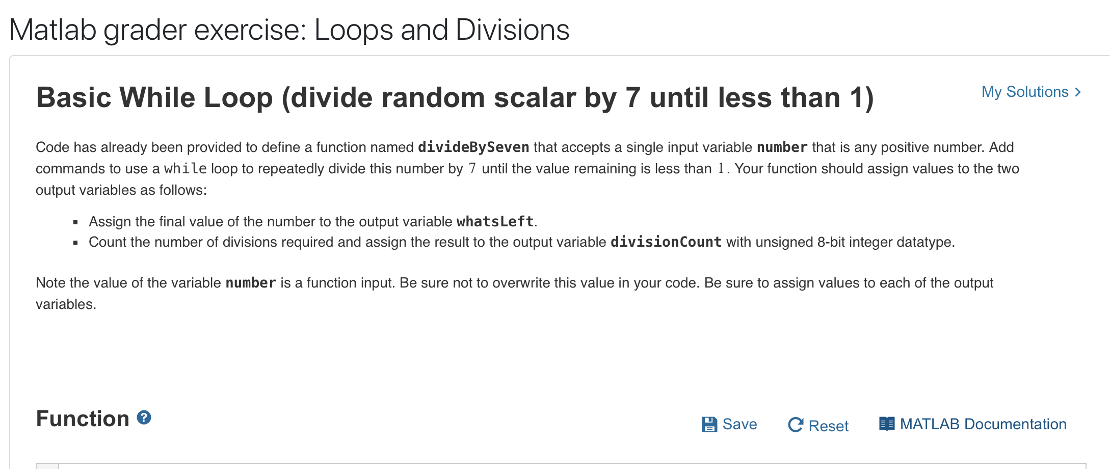 Solved Matlab Grader Exercise Loops And Divisions Basic 