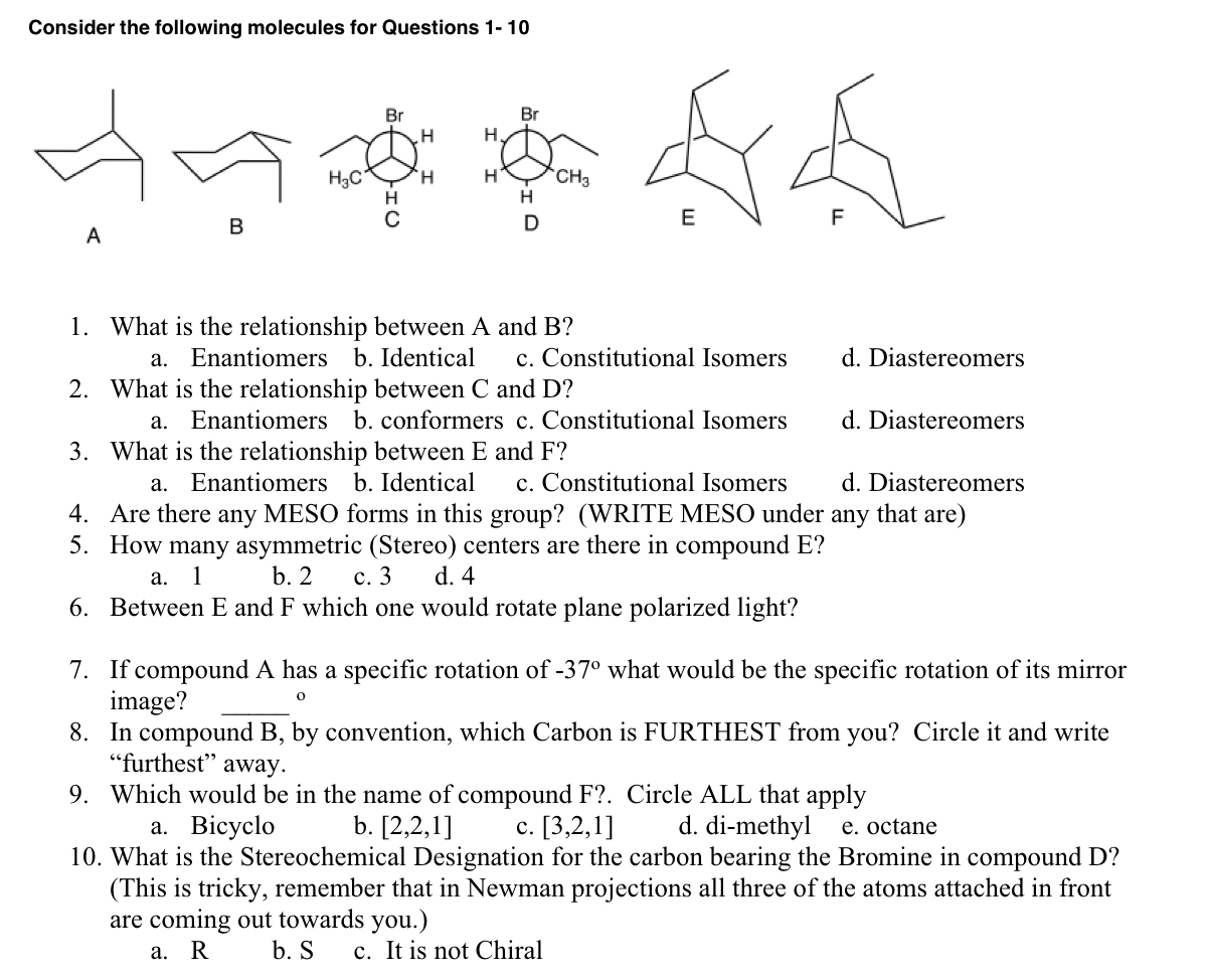 Solved Consider the following molecules for Questions 1-101. | Chegg.com