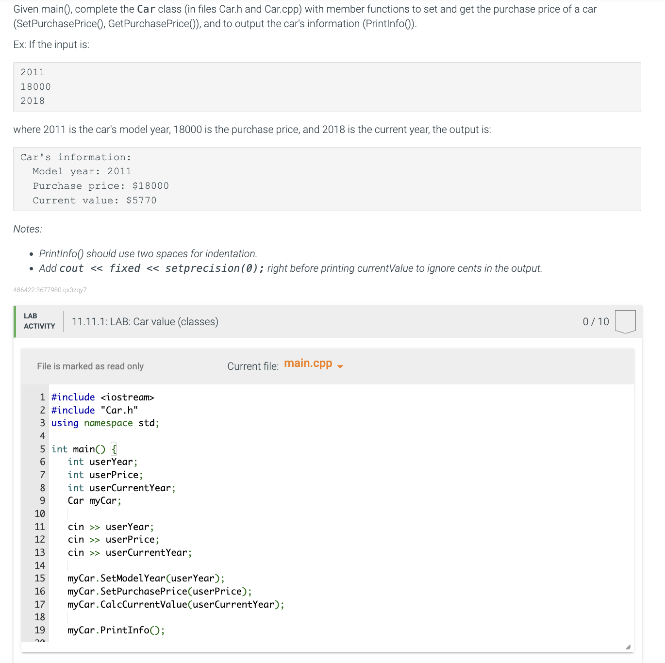 Solved Given main(), ﻿complete the Car class (in files Car.h | Chegg.com