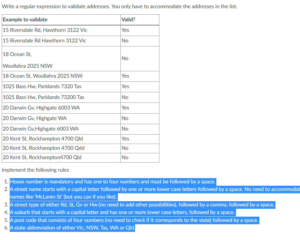 Solved Write a regular expression to validate addresses. You | Chegg.com