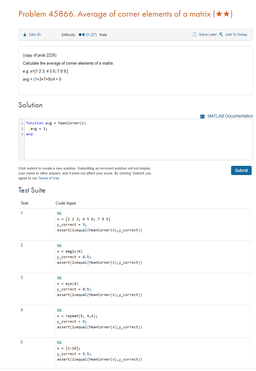 Solved Problem 45866. Average of corner elements of a matrix | Chegg.com