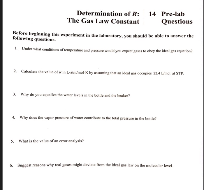 Solved Determination of R: 14 Pre-lab The Gas Law Constant | | Chegg.com