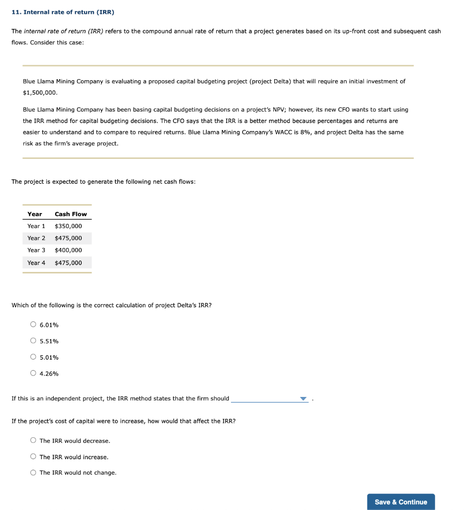 Solved 11 Internal Rate Of Return IRR The Internal Rate Chegg