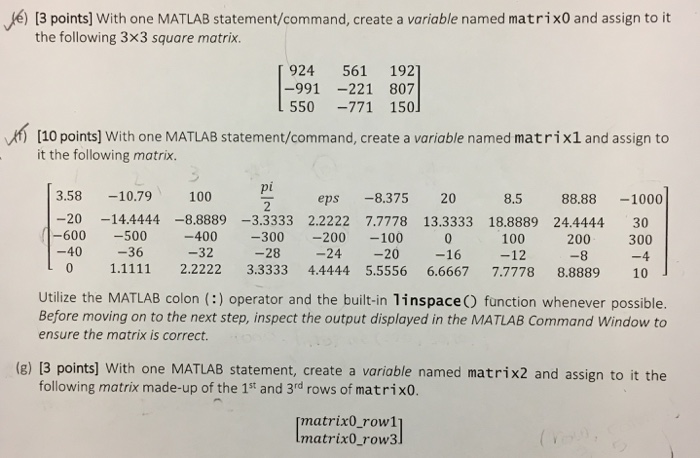 Solved With one MATLAB statement/command, create a variable | Chegg.com