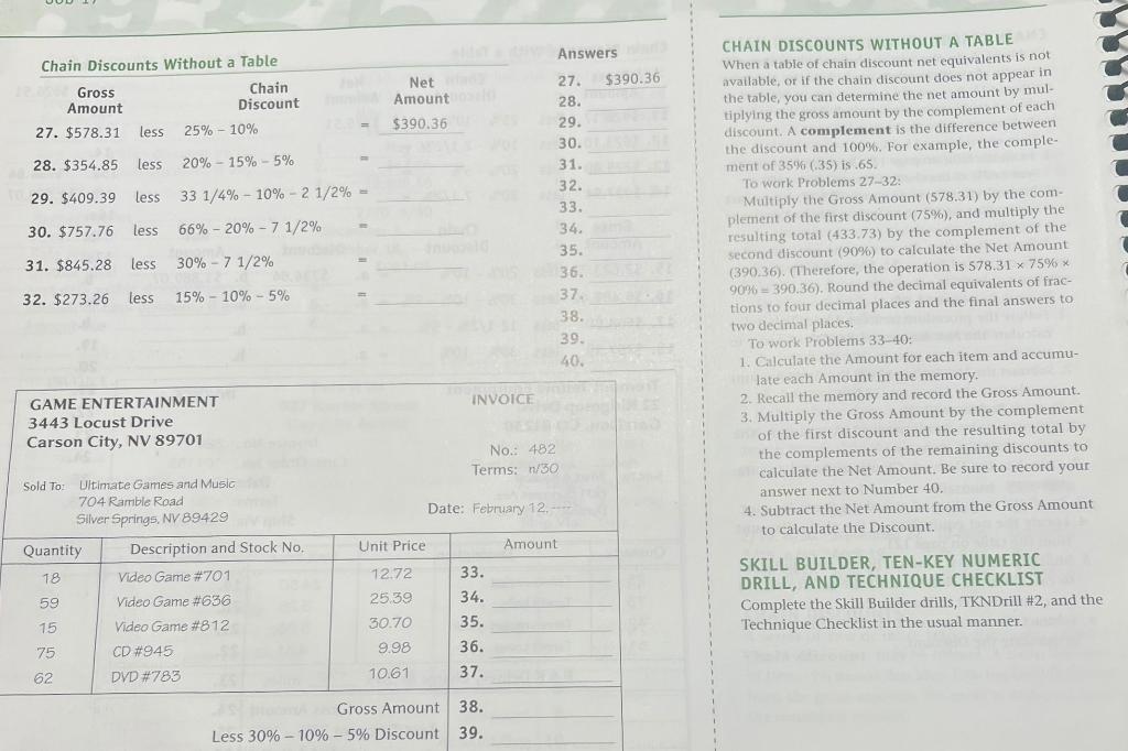 Solved CHAIN DISCOUNTS WITHOUT A TABLE When a table of chain | Chegg.com