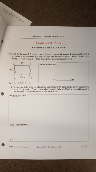 Solved Experiment o 11- Prelab Resonance in a Series RLC | Chegg.com