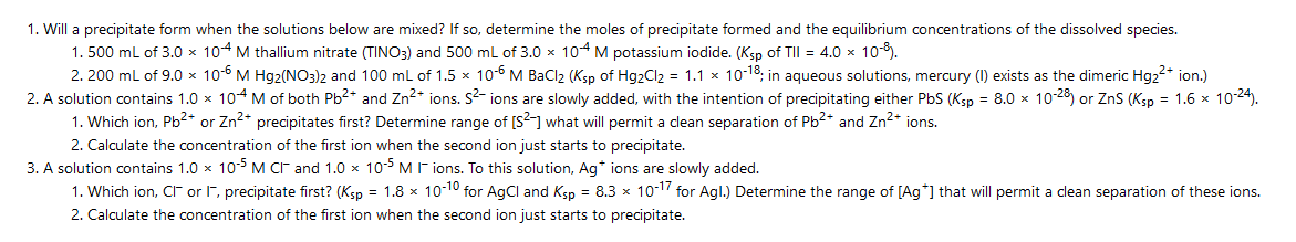 Solved 1. 500 mL of 3.0×10−4M thallium nitrate (TINO3) and | Chegg.com