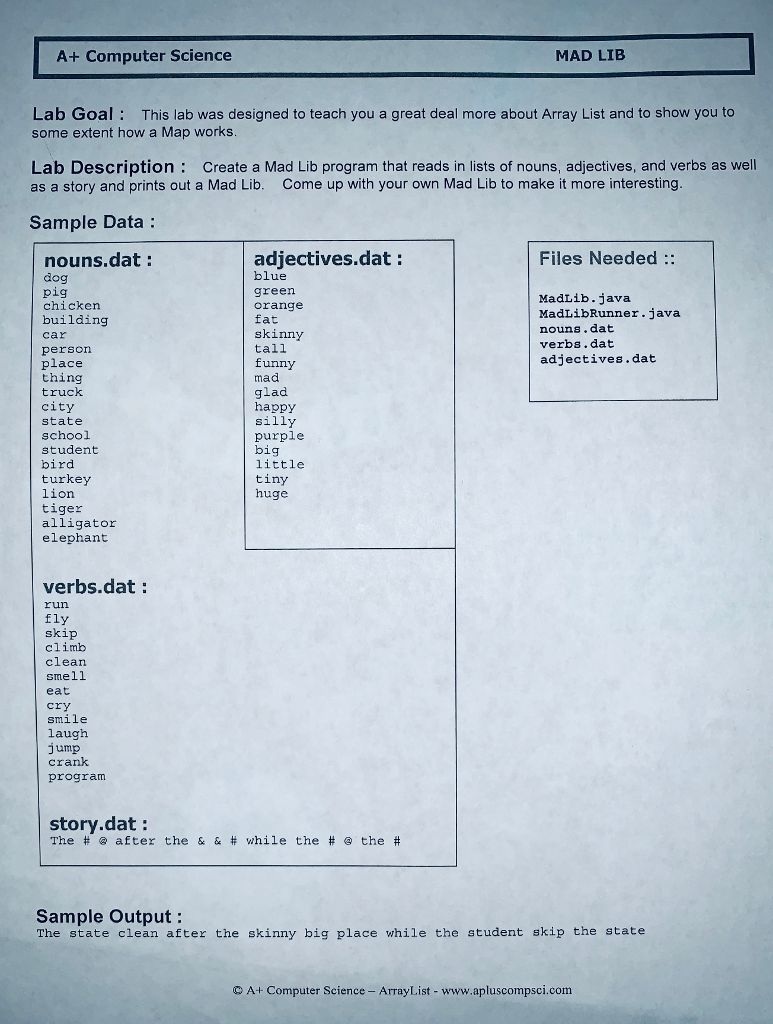 A+ Computer Science MAD LIB Lab Goal: This lab was | Chegg.com
