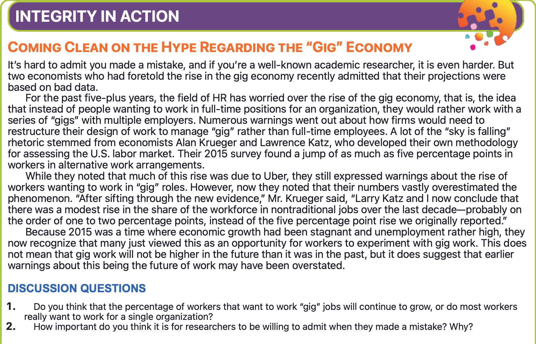 Solved Select one of the Integrity in Action discussions to | Chegg.com