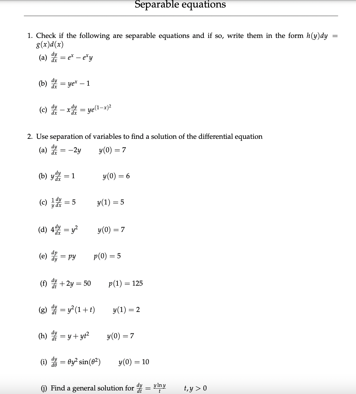 Solved 1. Check if the following are separable equations and | Chegg.com