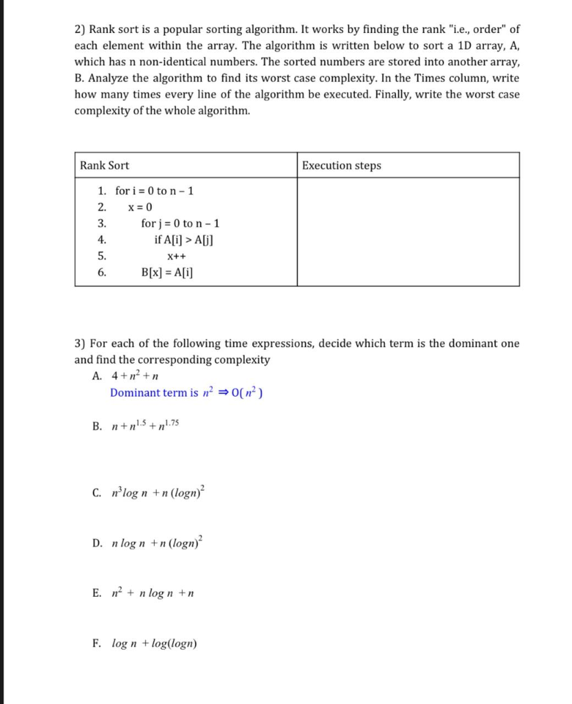 Solved 1) Find the worst case complexity for each of the | Chegg.com