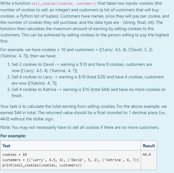 Solved Write a function sell_cookies (cookies, customers) | Chegg.com