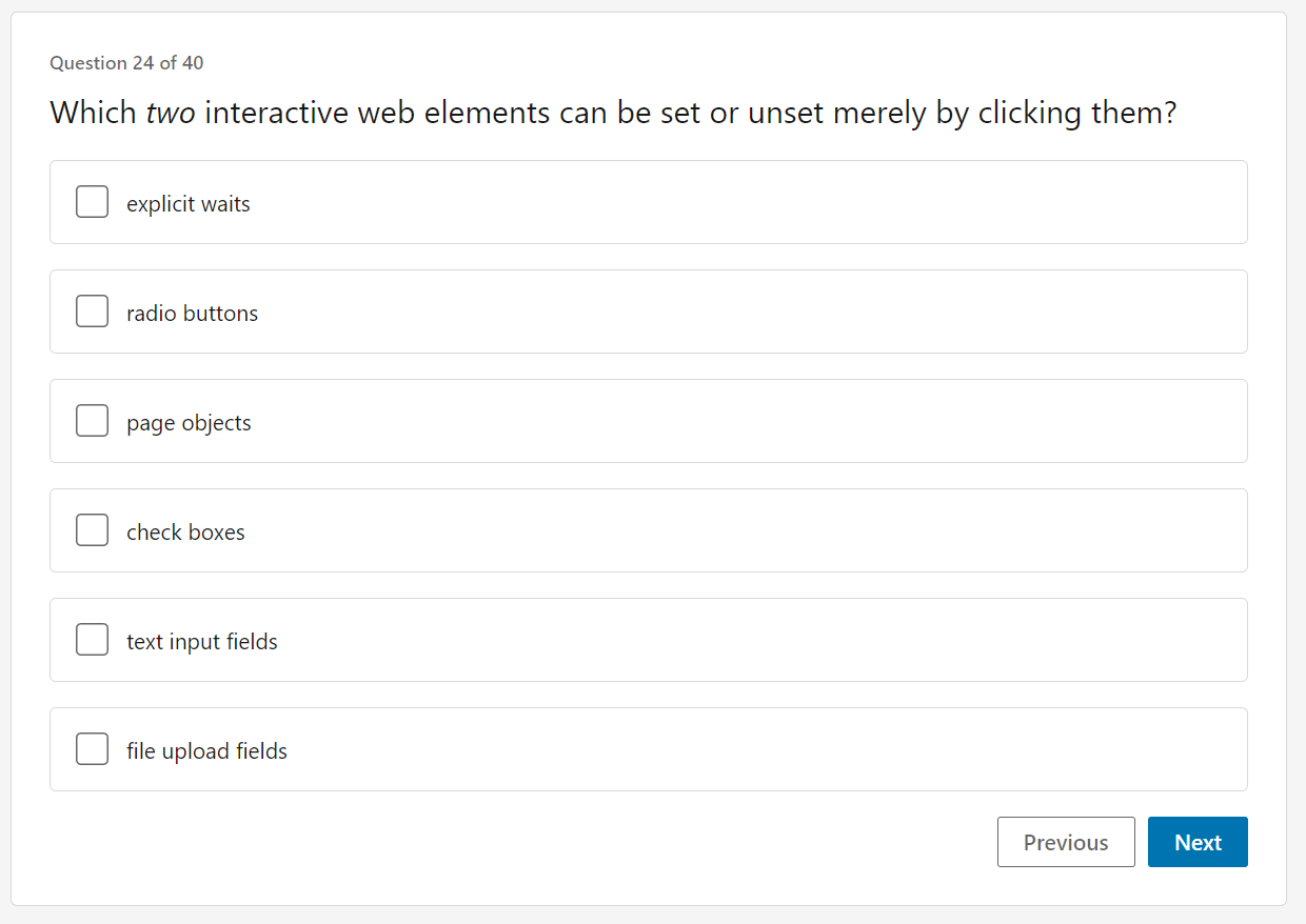 Solved Question 24 ﻿of 40Which two interactive web elements | Chegg.com