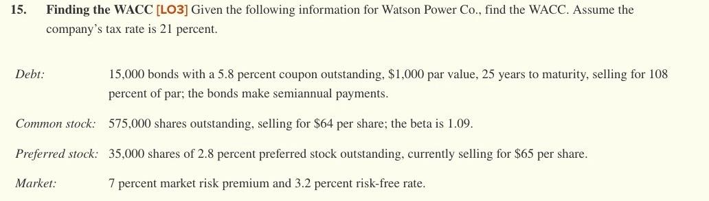 Solved 15. Finding the WACC [LO3] Given the following | Chegg.com