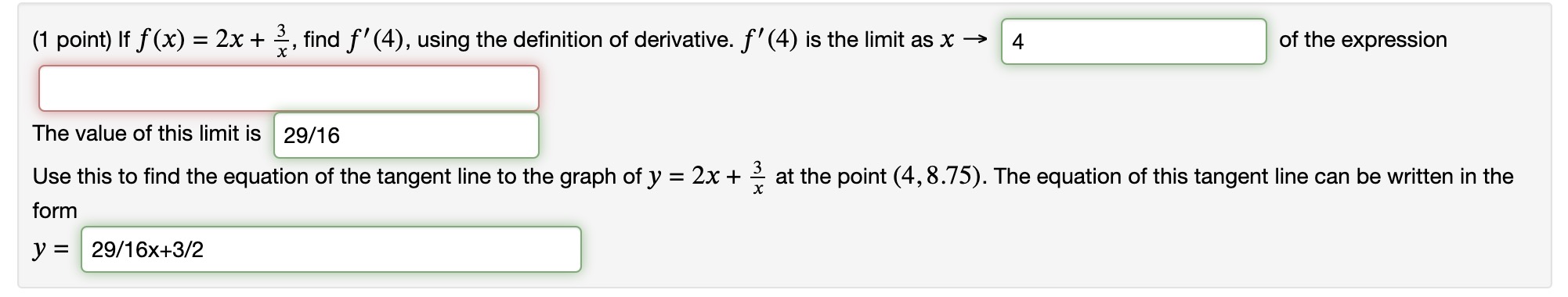 Solved (1 point) If f(x)=2x+x3, find f′(4), using the | Chegg.com
