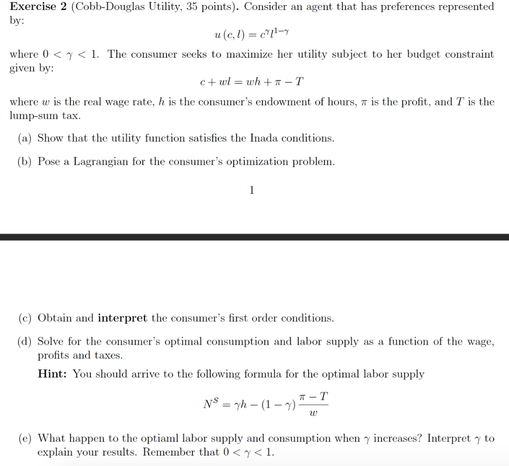 Solved Exercise 2 (Cobb-Douglas Utility, 35 points). | Chegg.com