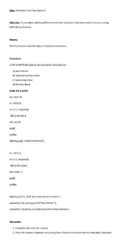 Solved Title: Activation Functions (part 2) Objective: To | Chegg.com