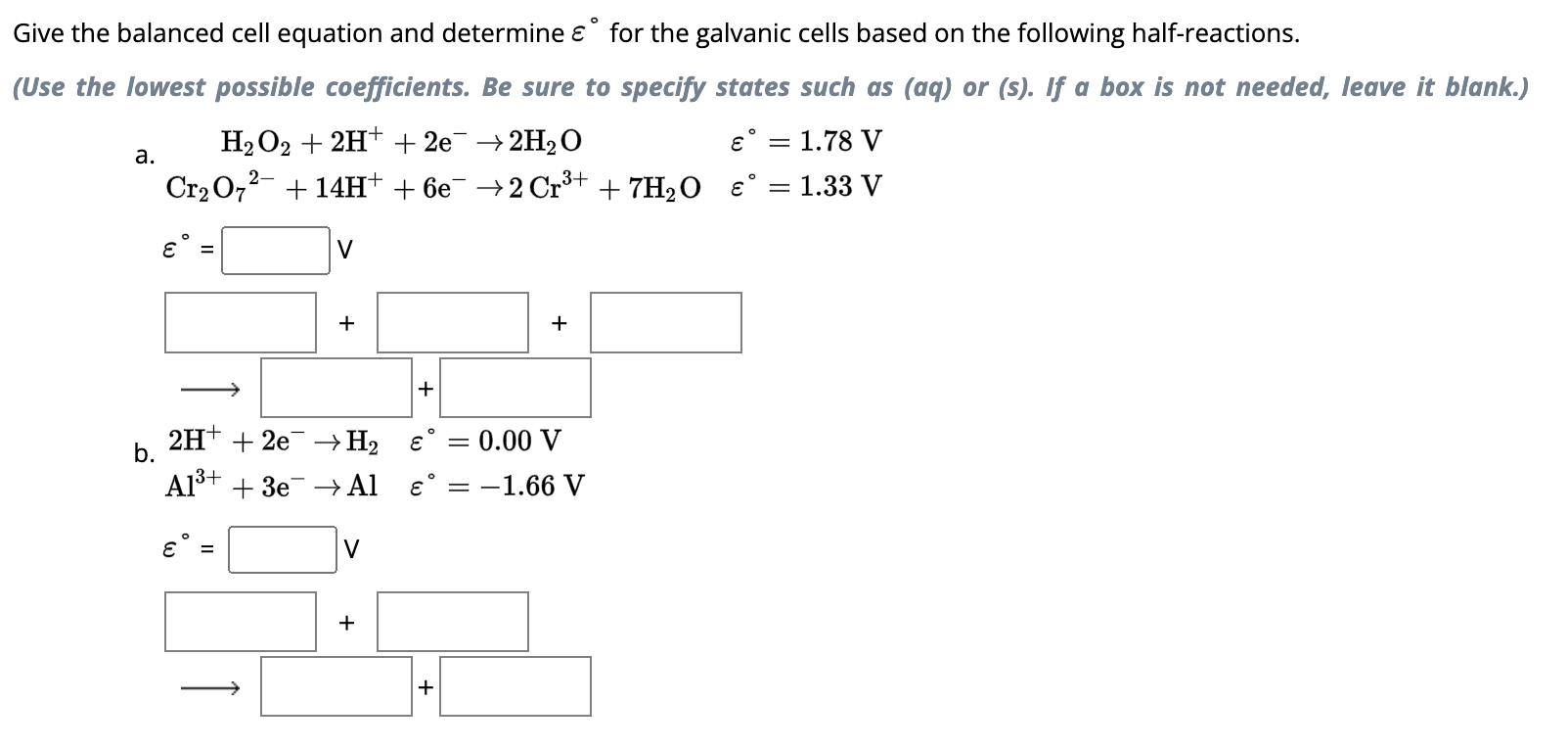 Solved Give the balanced cell equation and determine ε∘ for | Chegg.com