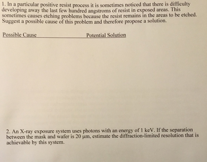 Solved 1. In a particular positive resist process it is | Chegg.com