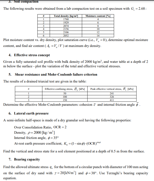 Solved 3. Soil compaction The following results were | Chegg.com