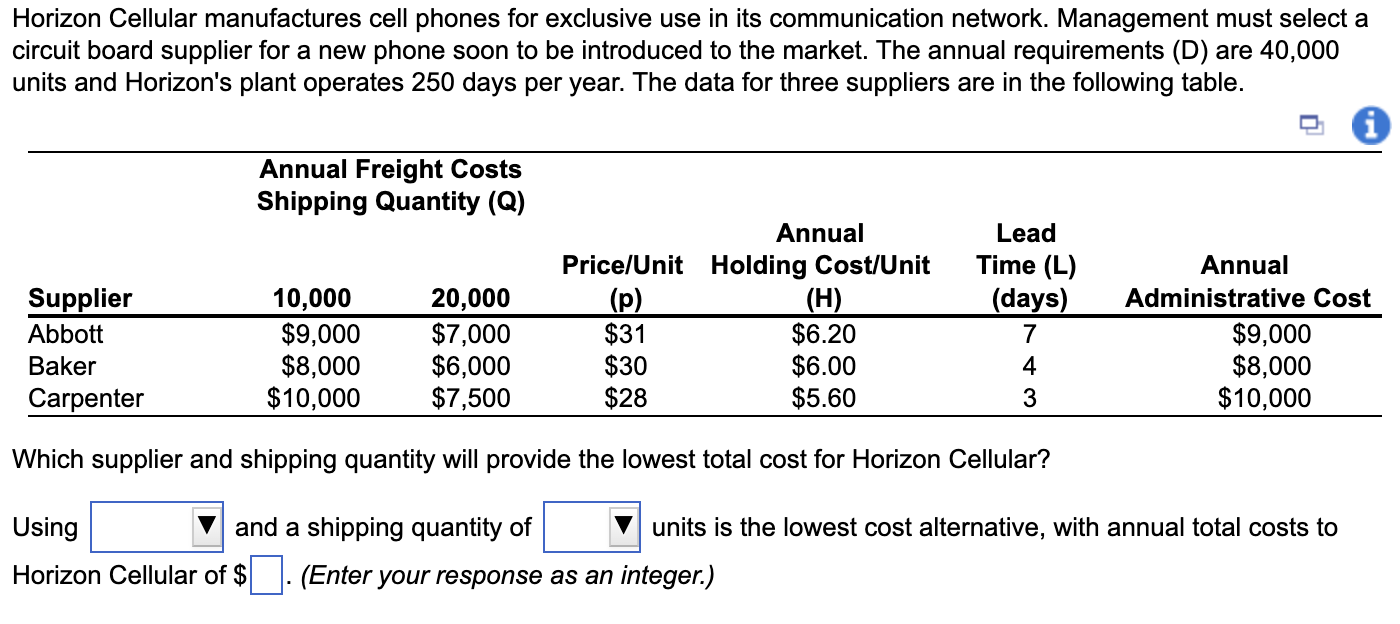 Solved Horizon Cellular manufactures cell phones for | Chegg.com