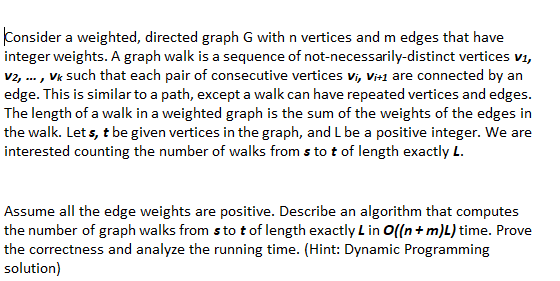 Solved Consider a weighted, directed graph G with n vertices | Chegg.com