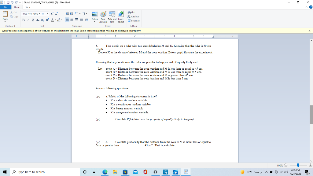 Solved X File View Ouiz3 STAT243_005 Spr2022 (1) - WordPad | Chegg.com
