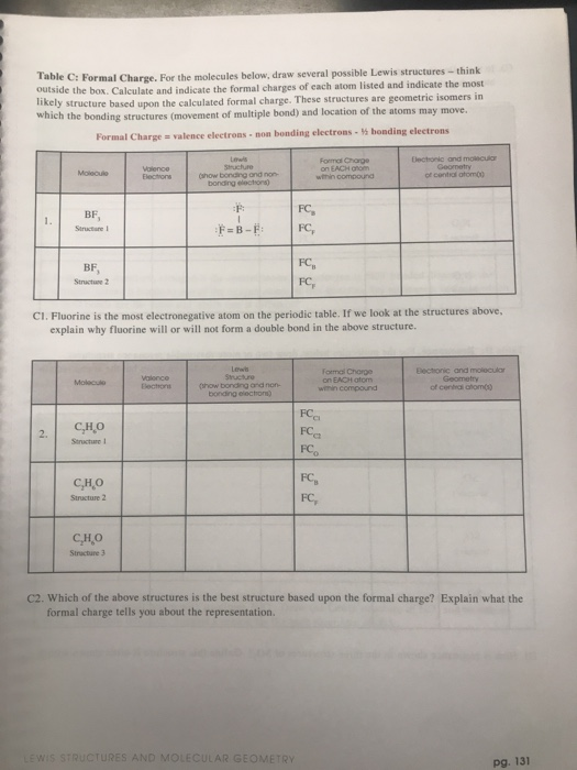 Solved Table C: Formal Charge. For the molecules below, draw | Chegg.com
