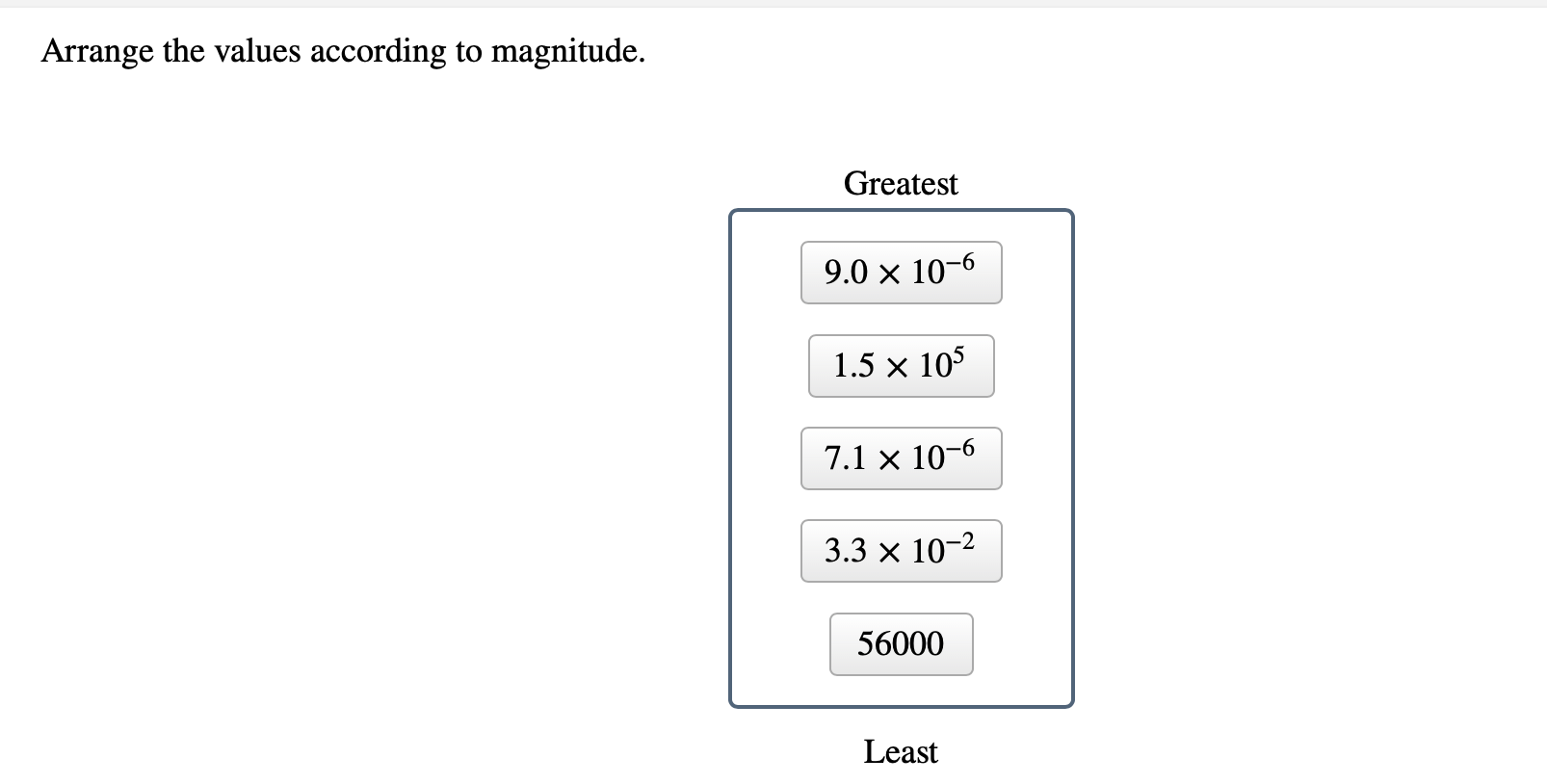 Solved Arrange the values according to magnitude. Greatest | Chegg.com Solved Arrange the values according to magnitude. Greatest | Chegg.com