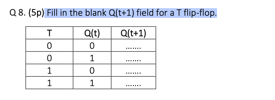 Solved Q 8. (5p) ﻿Fill in the blank Q(t+1) ﻿field for a T | Chegg.com