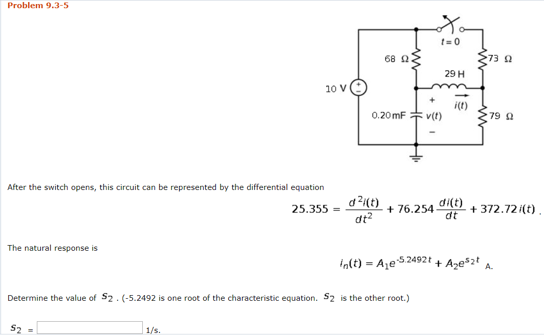 Solved Problem 9.3-5 t = 0 68 25 3732 29 H 10 VO 0.20mF = | Chegg.com
