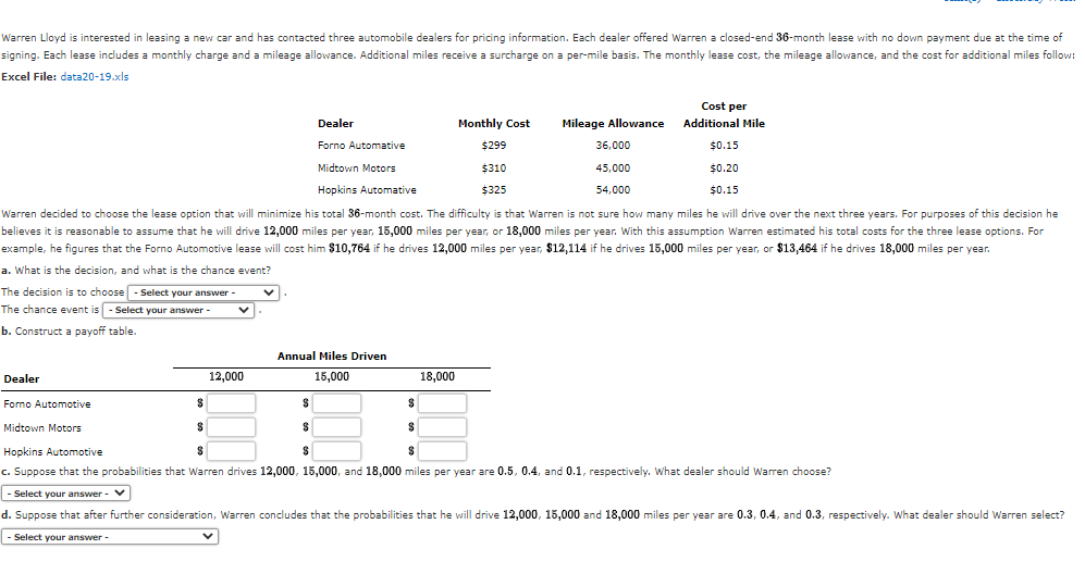 Solved Excel File: data20-19.xls a. What is the decision, | Chegg.com
