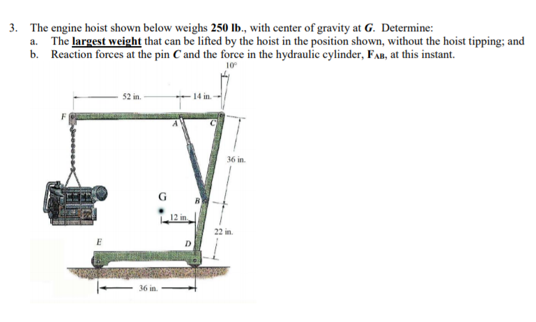 Solved 3. The engine hoist shown below weighs 250 lb., with | Chegg.com
