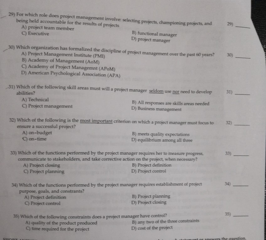 Solved 29) For which role does project management involve: | Chegg.com