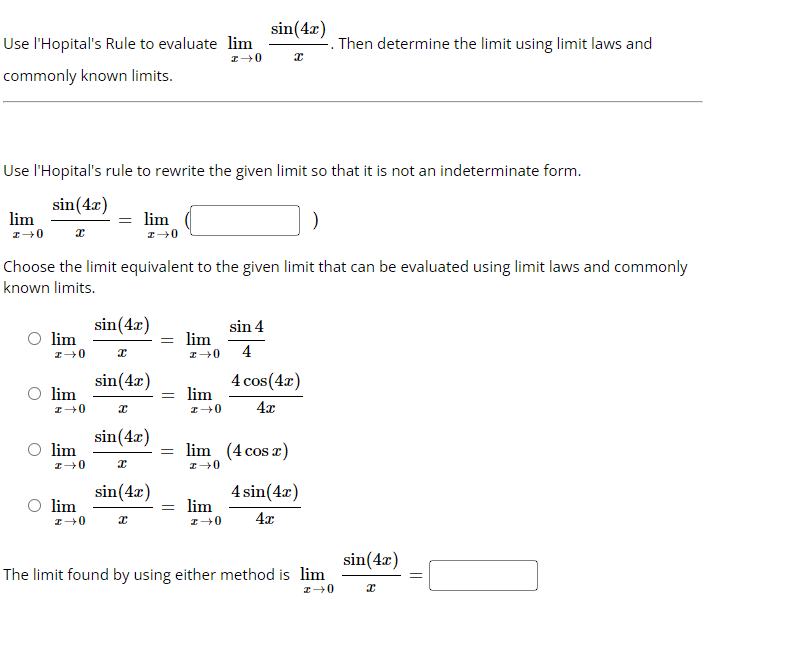 Solved sin(4.c) . Then determine the limit using limit laws | Chegg.com
