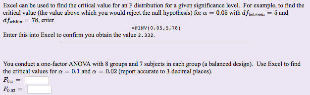 Solved Excel can be used to find the critical value for an F | Chegg.com