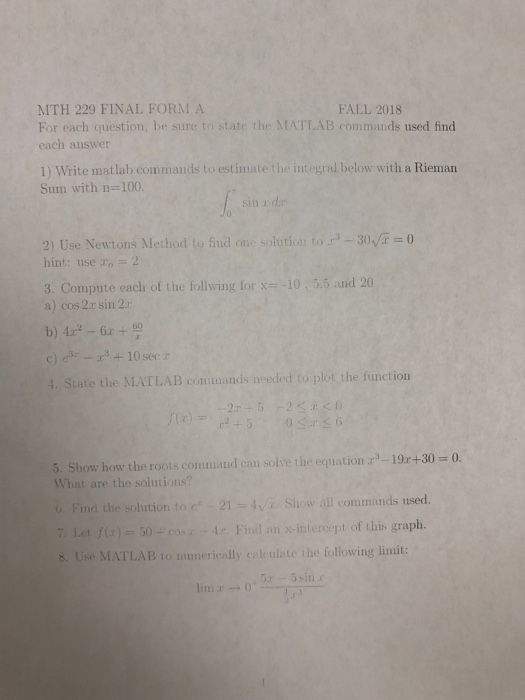 MTH 229 FINAL FORM A For each question, be sure to | Chegg.com