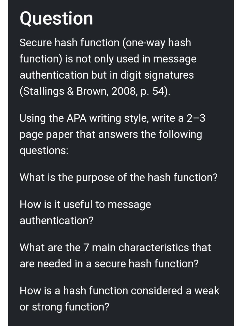 Solved Question Secure hash function (one-way hash function) | Chegg.com