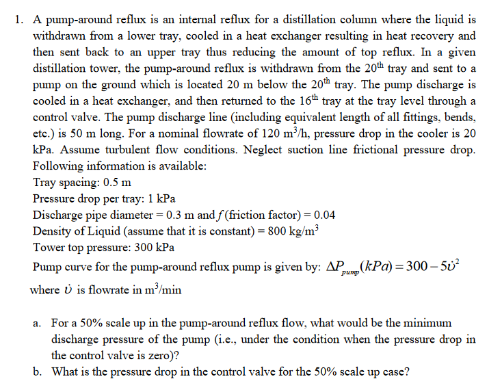 1. A pump-around reflux is an internal reflux for a | Chegg.com