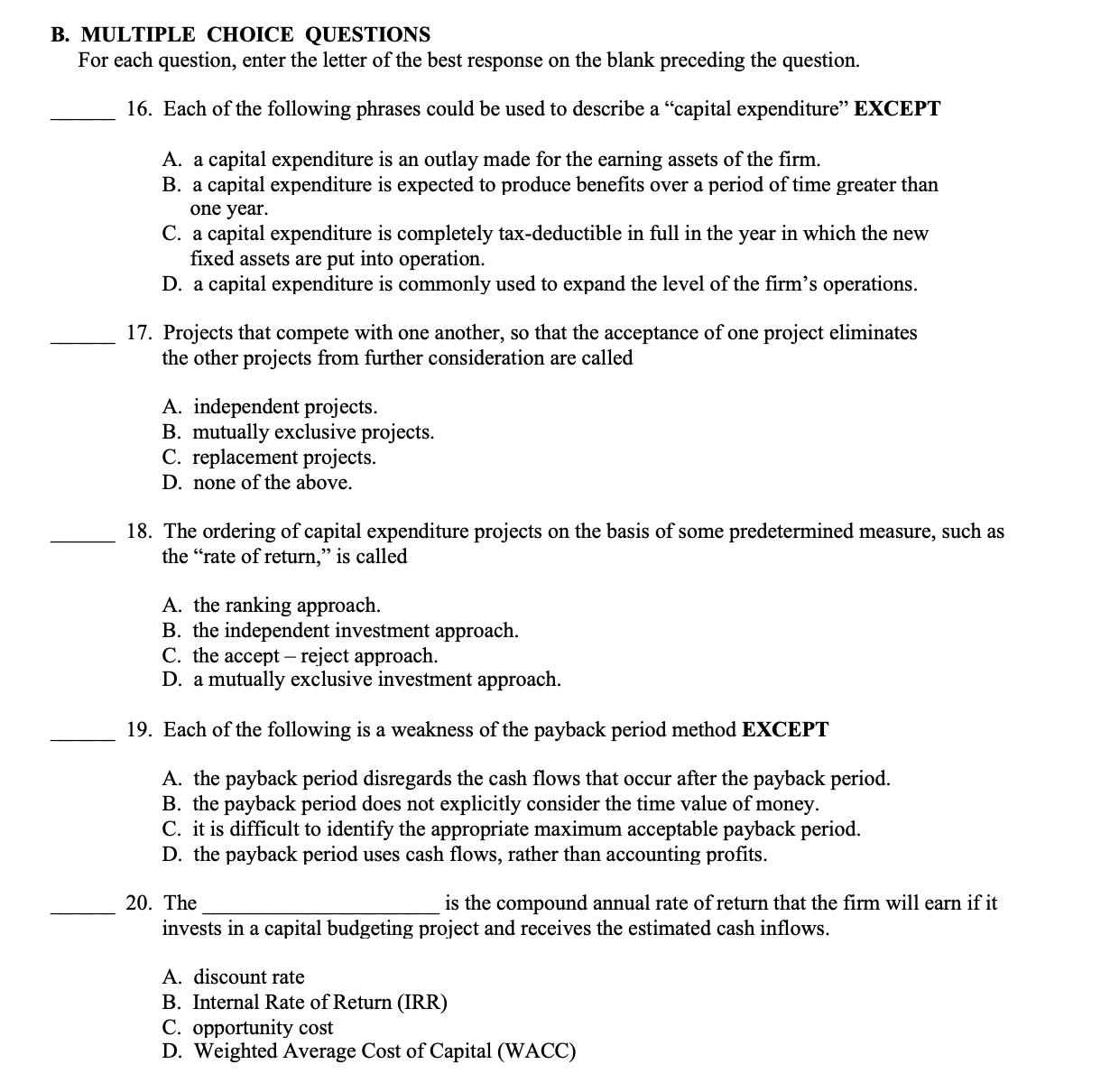 Solved For each question, enter the letter of the best | Chegg.com