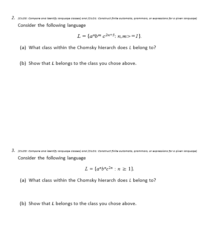 Solved 2. (CILOZ: compare and identify language classes) and | Chegg.com