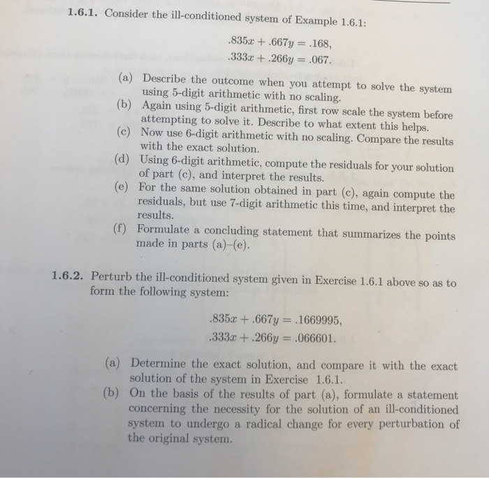 Solved 1.6.1. Consider the ill-conditioned system of Example | Chegg.com