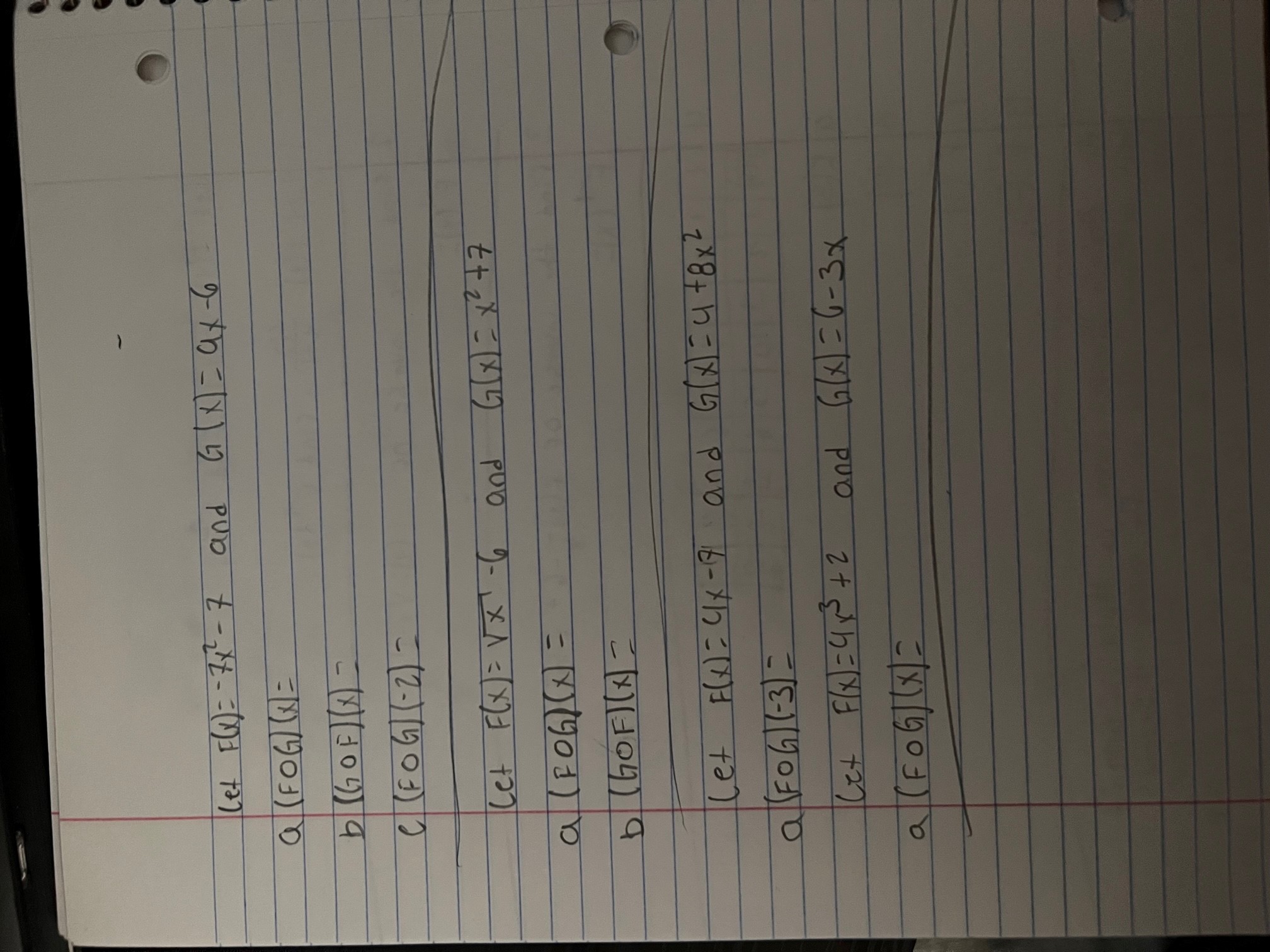 Solved Let F(x)=−7x2−7 and G(x)=9x−6 (F∘G)(x)= (G∘F)(x)= | Chegg.com Solved Let F(x)=−7x2−7 and G(x)=9x−6 (F∘G)(x)= (G∘F)(x)= | Chegg.com