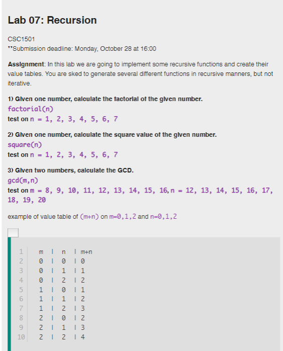 Solved Lab 07: Recursion CSC1501 **Submission deadline: | Chegg.com